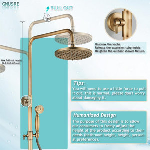 AlenArtWater Antique Brass Shower Fixture Bathroom Shower Faucet Set 8 Inch Rainfall Shower Head ...